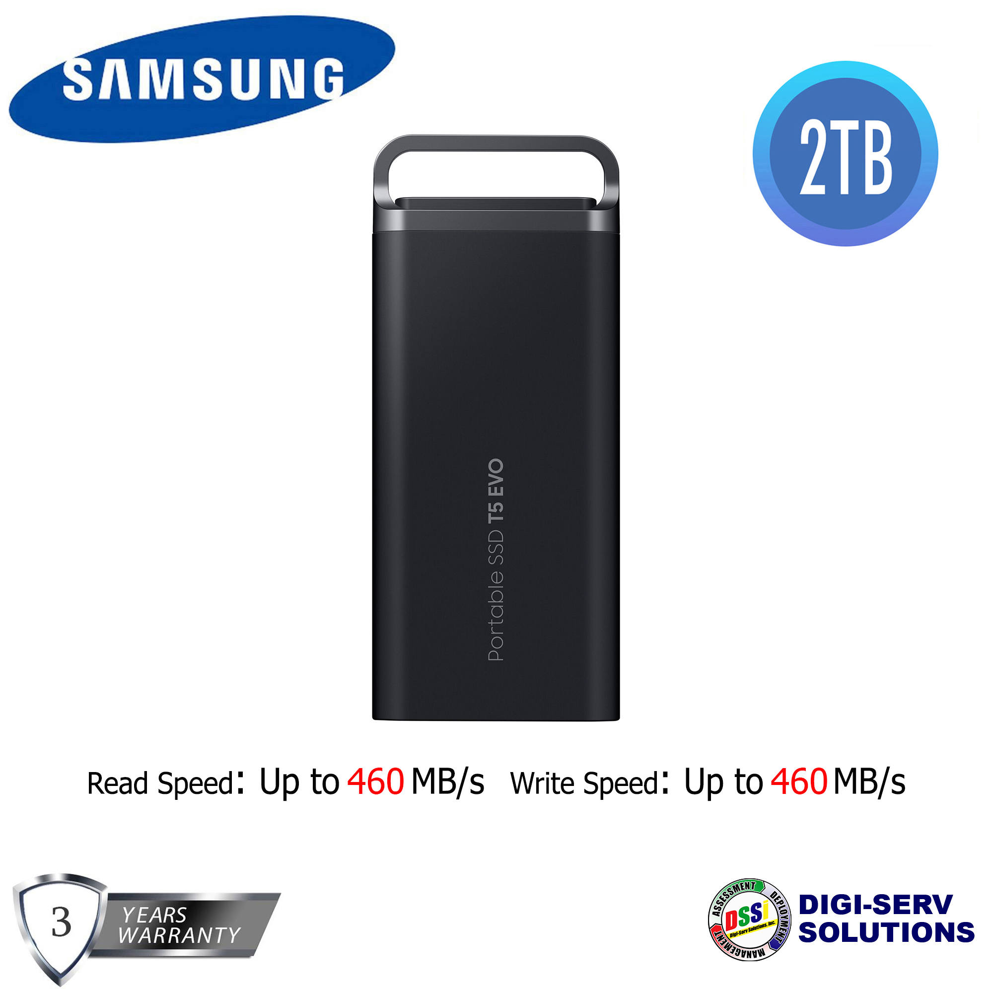 Samsung T5 EVO 2TB USB 3.2 Gen 1 Portable SSD (Black) (MU-PH2T0S/WW), Rubber Skin Design ...