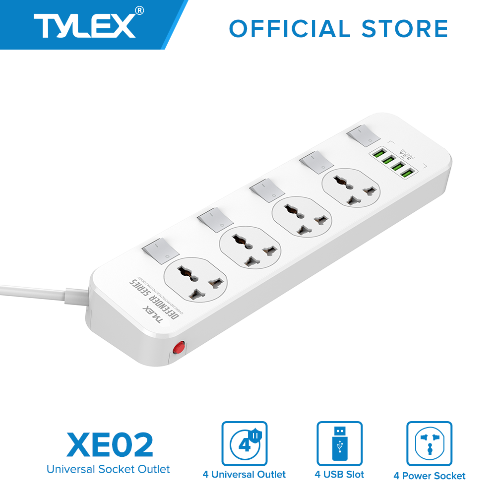 TYLEX XE02 4 Universal Socket Outlet Power Strip 2 Meters Extension ...