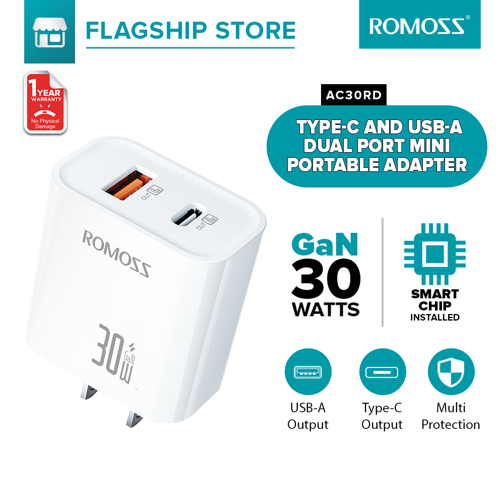 Romoss AC30RD PD30W USB Type C Fast Charging Wall Charger QC PD 3.0 Dual Port Mini Portable ...