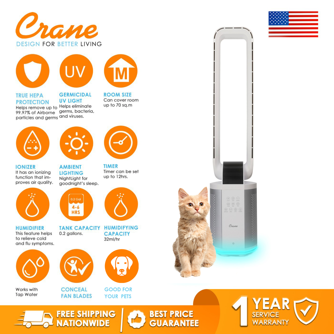 Crane 5-in-1 Air Purifier Bladeless Fan with UV Sterilization, Ionizer ...