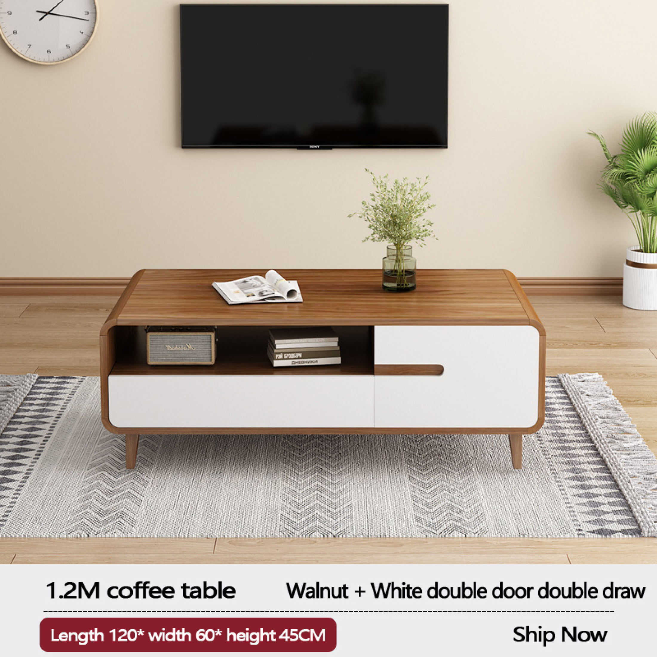 Solid wood TV cabinet coffee table combination open storage living room ...