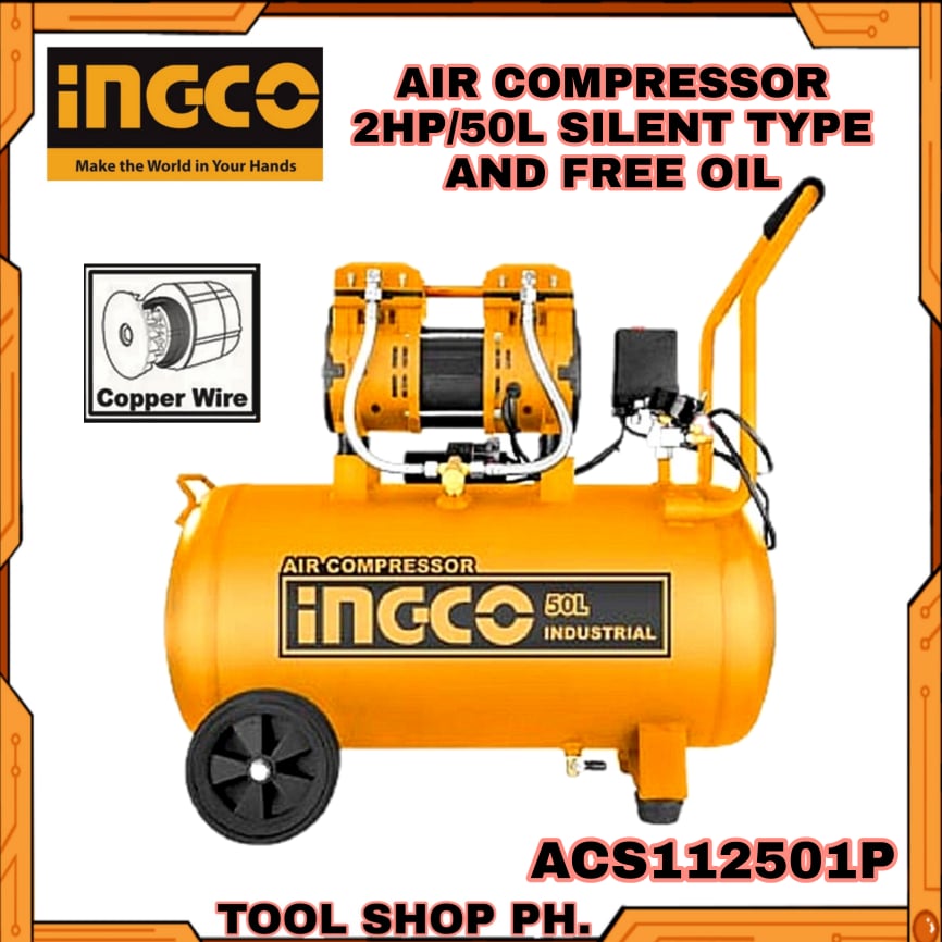 INGCO Air Compressor 2HP / 50L Silent Type and Oil Free System 100% ...