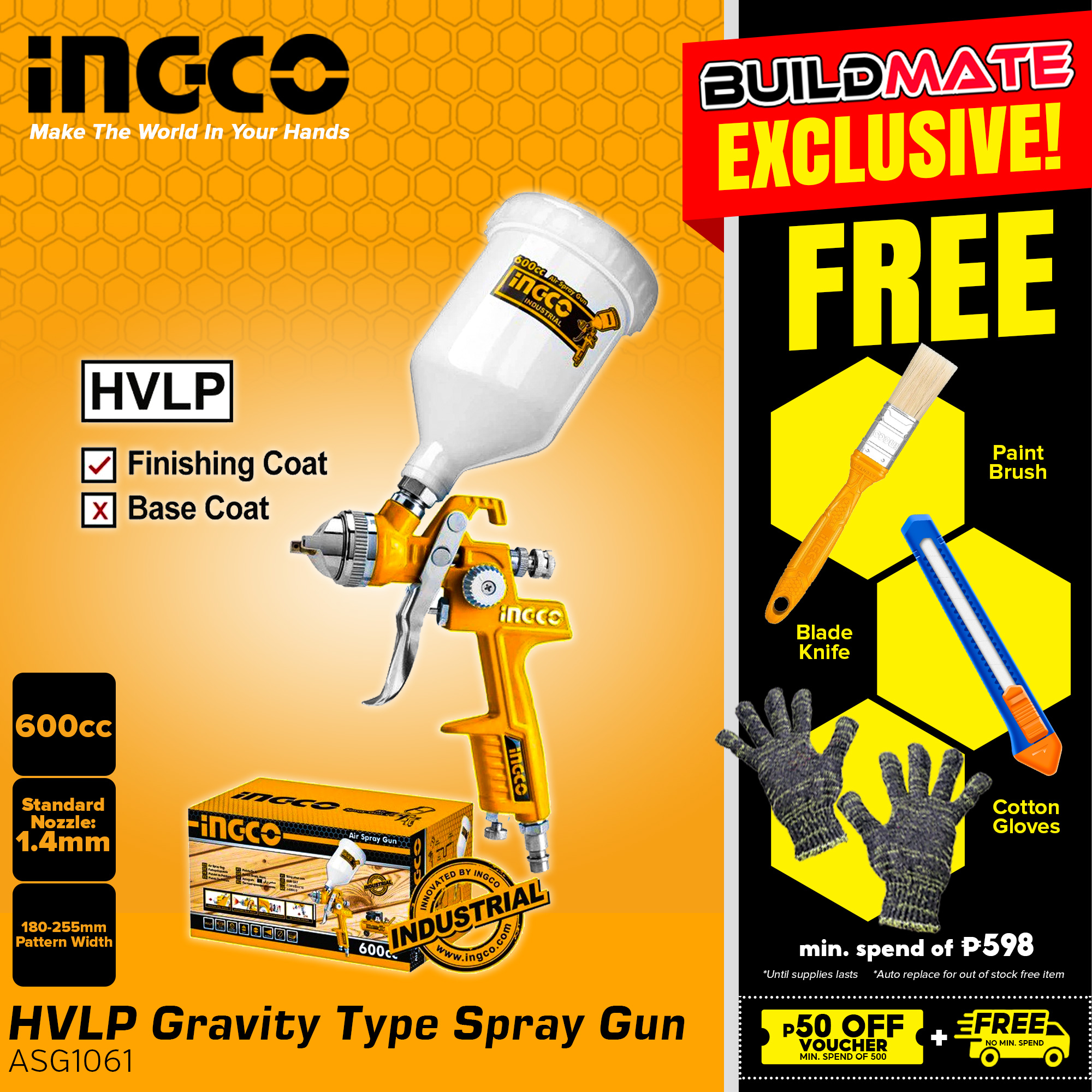 INGCO HVLP Suction Type Paint Spray Gun ASG2101 1000CC - BUILDMATE ...