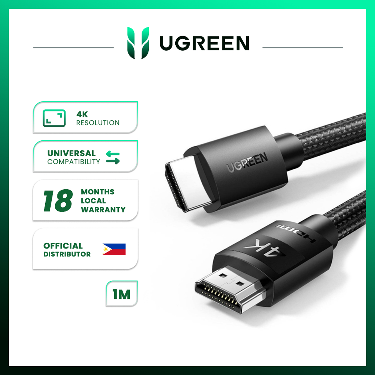 UGREEN HDMI 2.0 4K Cable Male to Male Braided 1M/ 2M/ 3M/ 5M - PH | Lazada PH