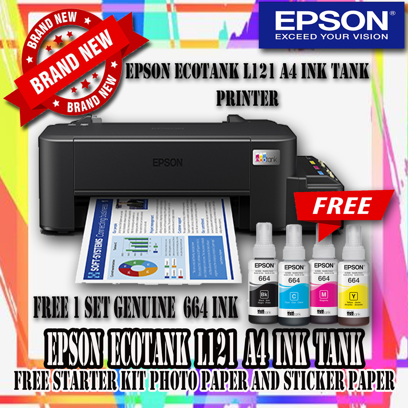 EPSON ECOTANK L121 A4 INK TANK PRINTER WITH FREE 1 SET GENUINE EPSON ...