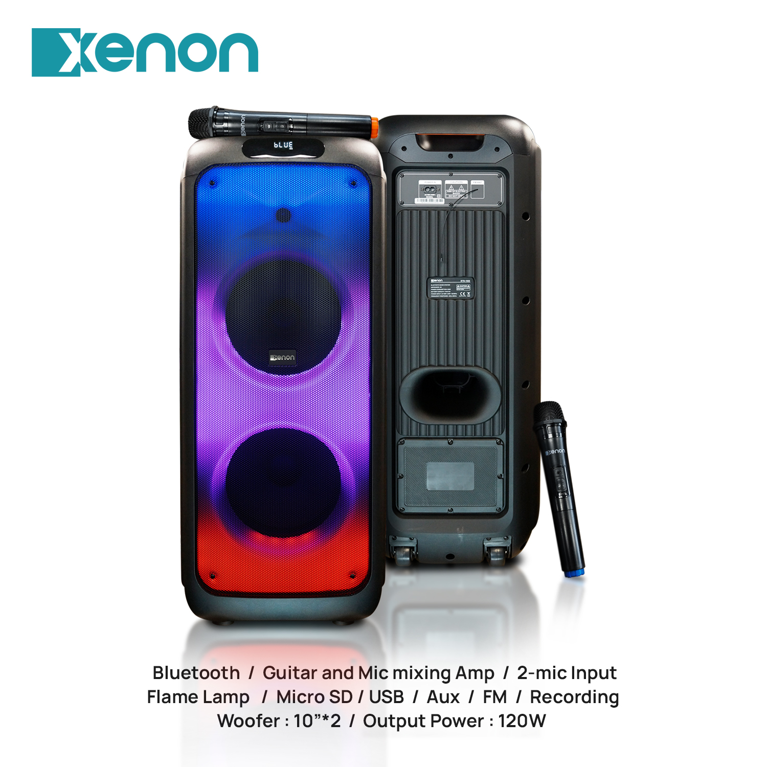 Xenon Portable Bluetooth Speaker 10" x 2, 120W + Free 2 Wireless Mic ...