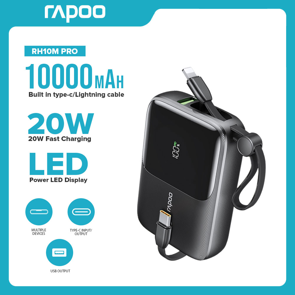 Rapoo RH10m Pro 10000mAh Power Bank Built-in Lightning & Type-c Cables ...