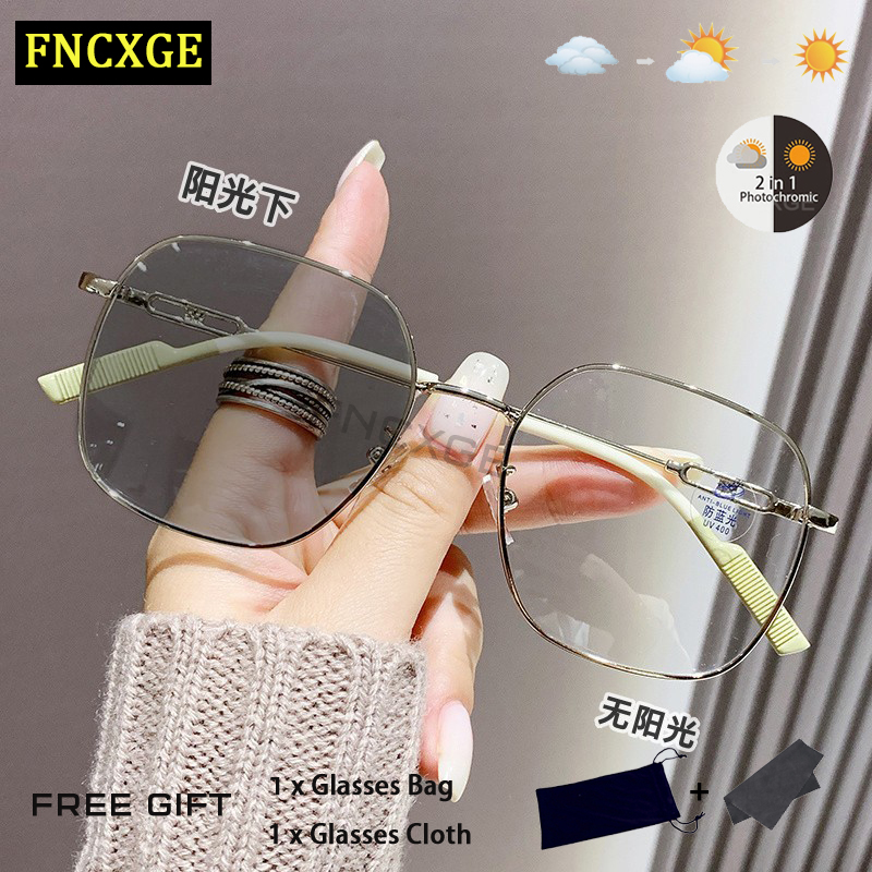 FNCXGE ยตาสั้นเลนส์ออโตเมติก แว่นตากรองแสง 0.0 ถึง -5.0 ผู้หญิง ผู้ชาย แฟชั่น โลหะ แว่นทรง ...