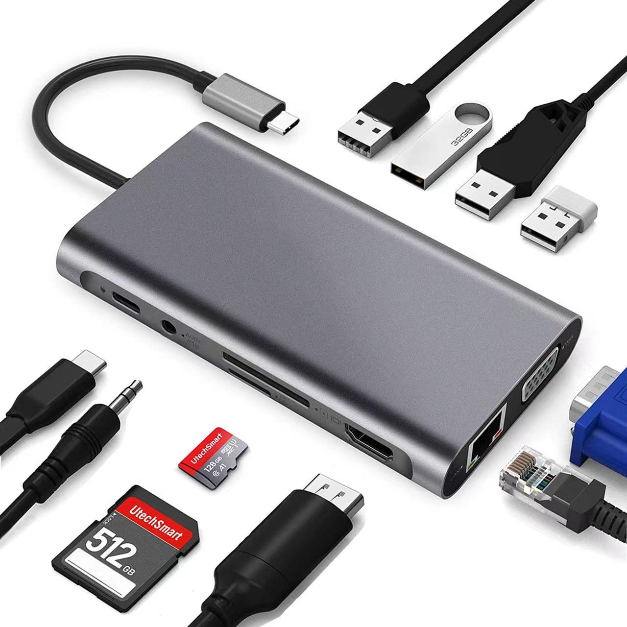 USB C Hub 11 In 1 Adaptor Type C Hubs Usb 3.0 and 4K HDMI VGA RJ45 ...