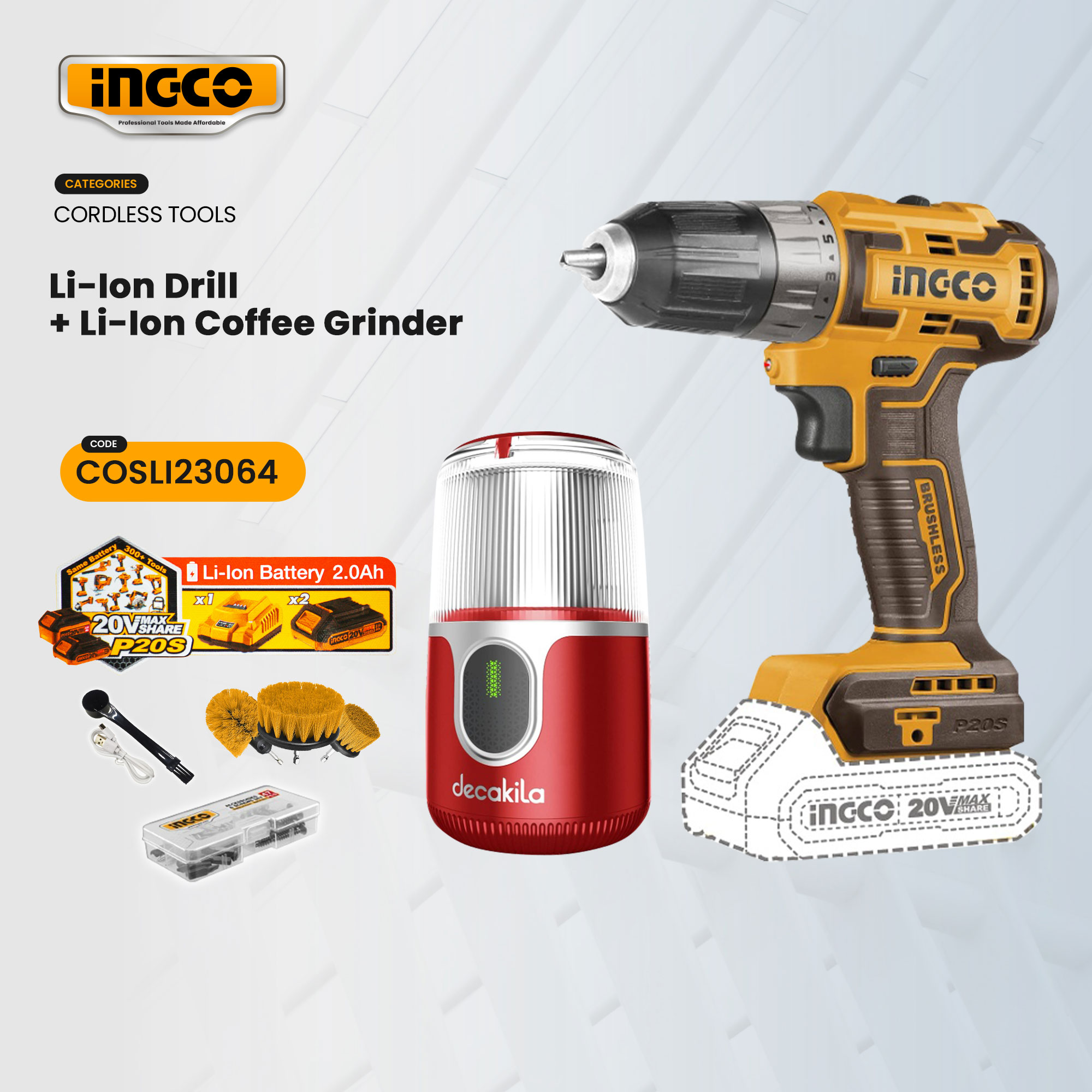 Ingco Li-on 20V Cordless Drill With Coffee Grinder 2pcs Combo Kit COSLI23064 / CDLI200528 IPT ...
