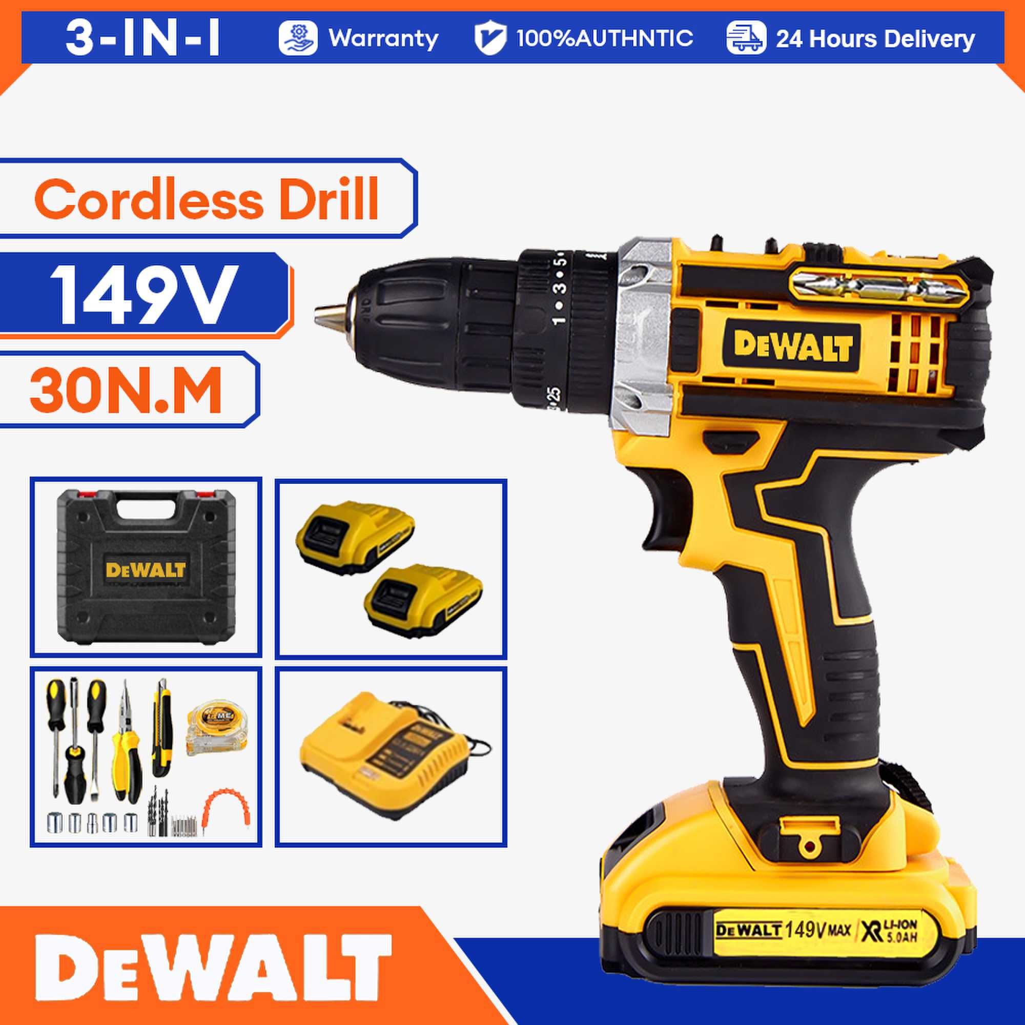 DeWalt 149V Cordless Impact Drill Heavy Duty Hand Drill 2 Battery 30 ...