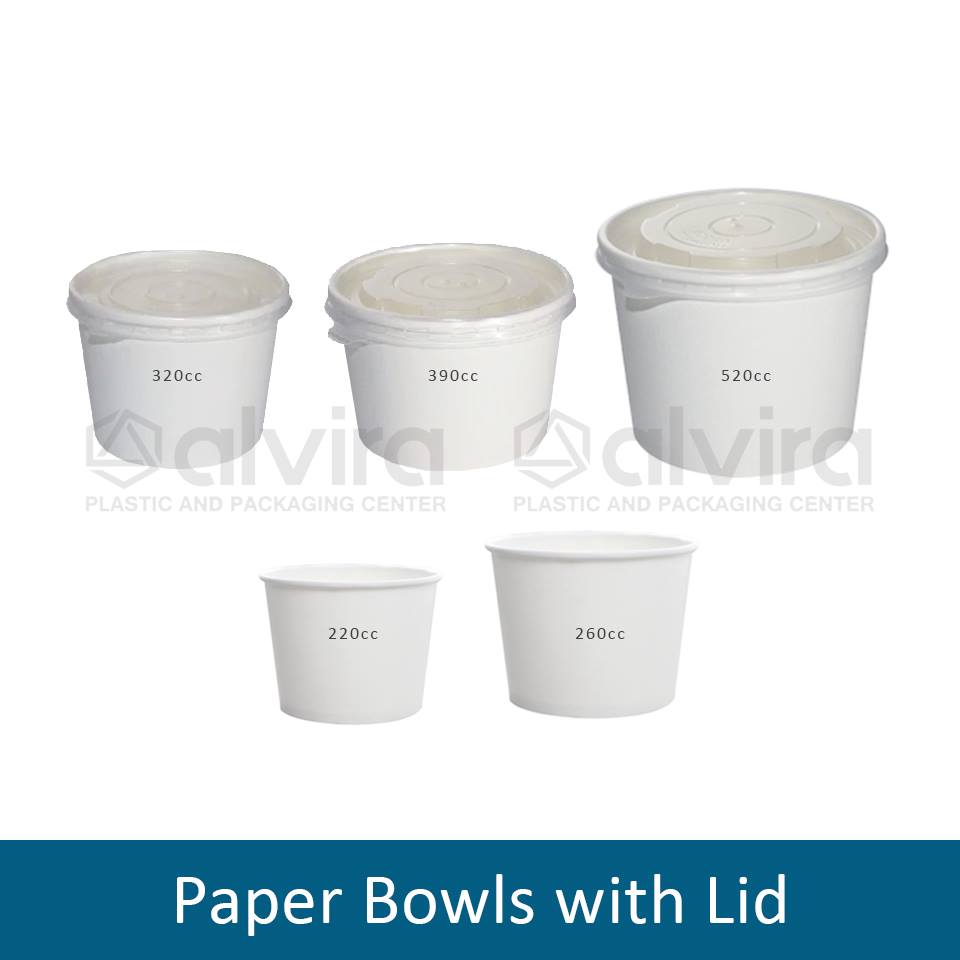 100pcs Paper Bowls and Lids 220cc 260cc 320cc 390cc 520cc, 750cc ...