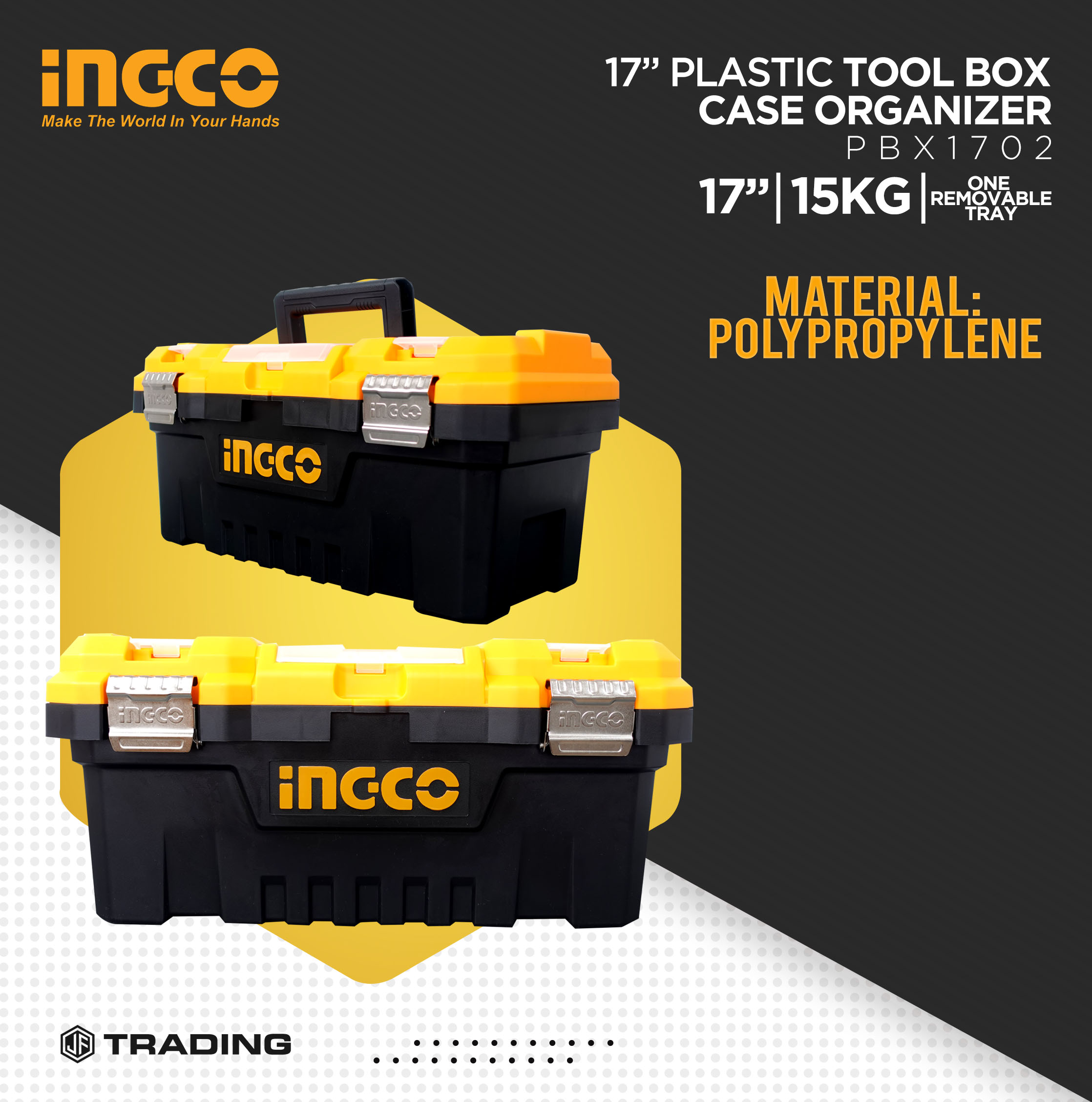Ingco Original 17" Plastic Tool Box Case Organizer with Removable Tray ...