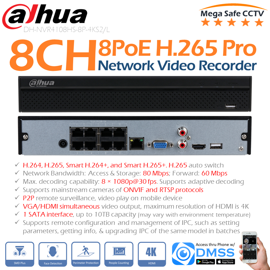 Dahua DH-NVR4108HS-8P-4KS2/L 8CH 4K H.265 8PoE NVR, 1 SATA interface, 8 Built-in PoE, 4K Max ...