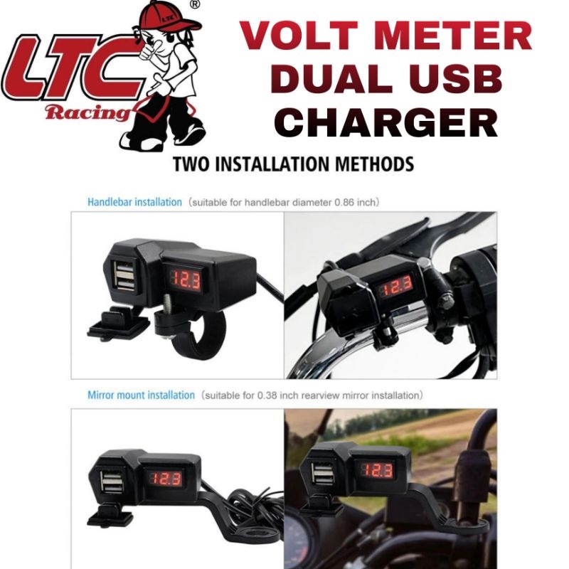 Motorcycle Voltmeter with Usb charger 2n1 clam type /mirror type ...