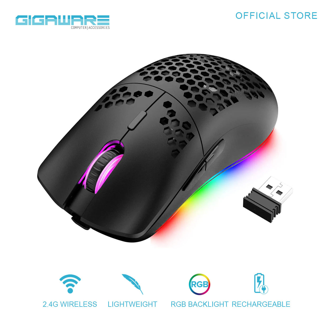 Gigaware XYH80 2.4G Wireless RGB Mouse Honeycomb Shell Ultralight ...