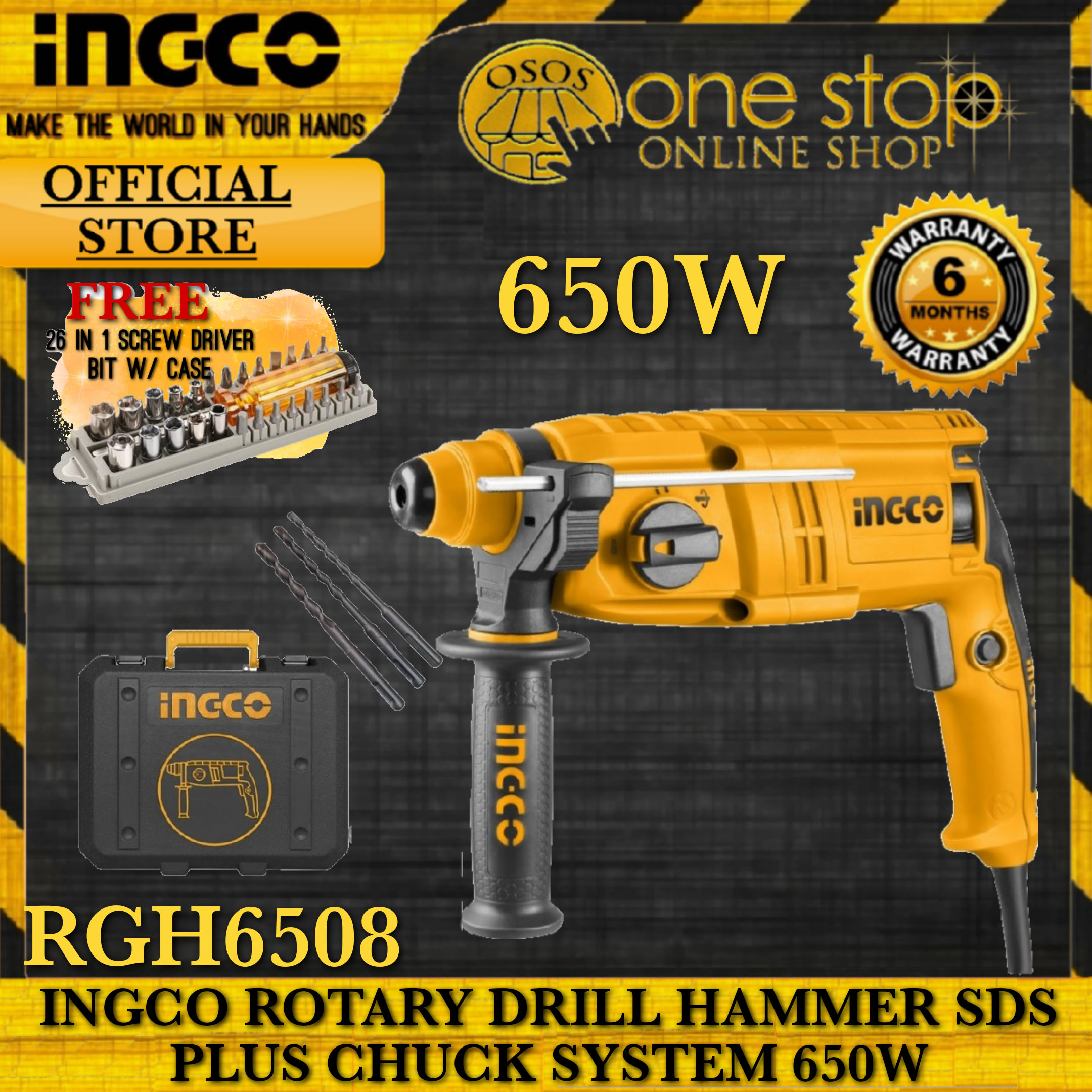 INGCO Original Rotary Drill Hammer SDS Plus Chuck System 650W RGH6528 ...