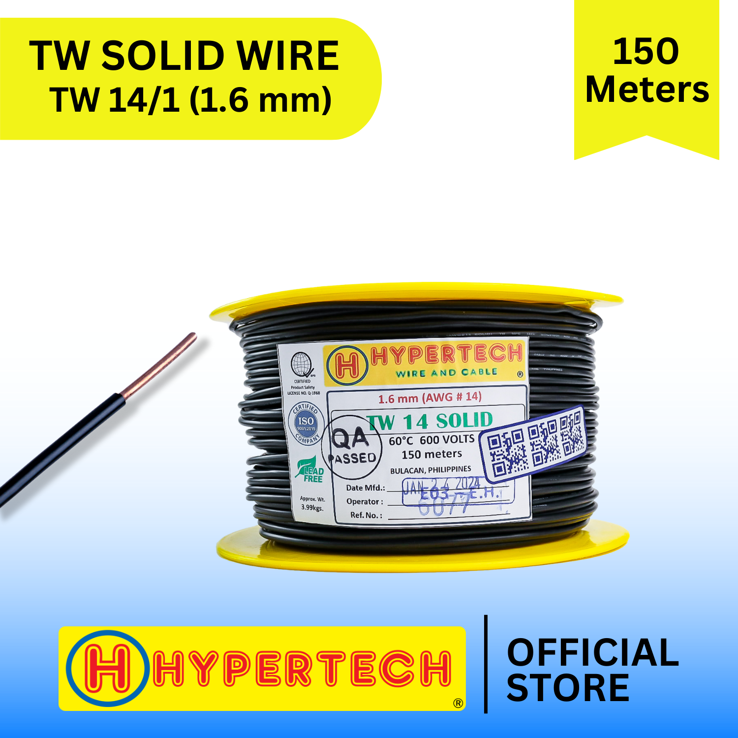 Hypertech TW Solid Wire # 14/1 - 150meters - Pure Copper Electrical ...