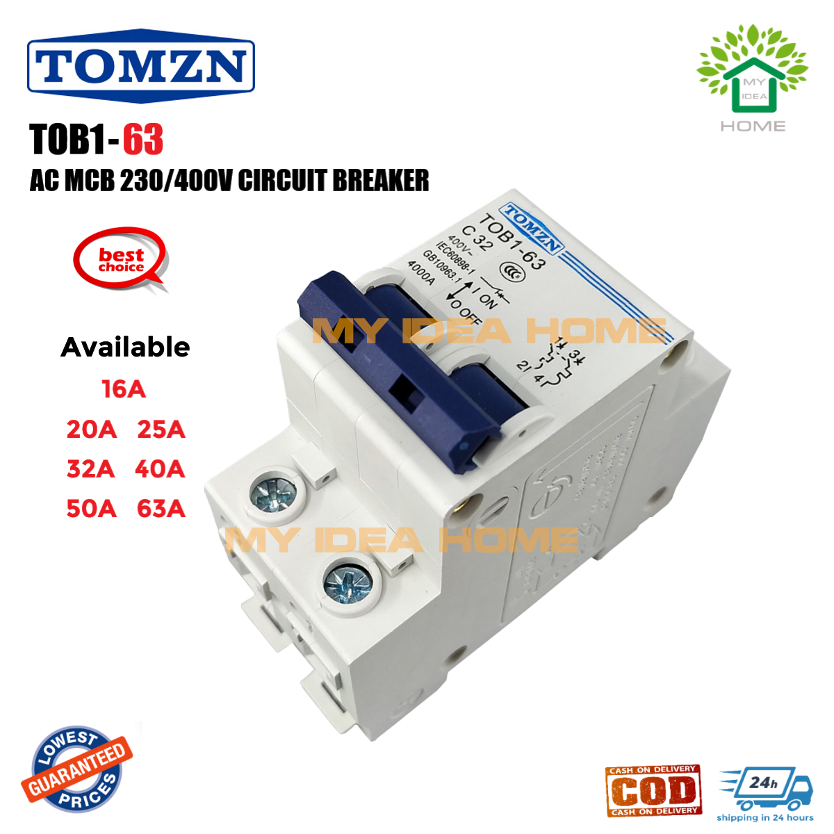 TOMZN MCB 2P AC C type 230/400V~ 50HZ/60HZ Mini Circuit breaker 10/16/20/25/32/40/50/63A TOB1-63 ...
