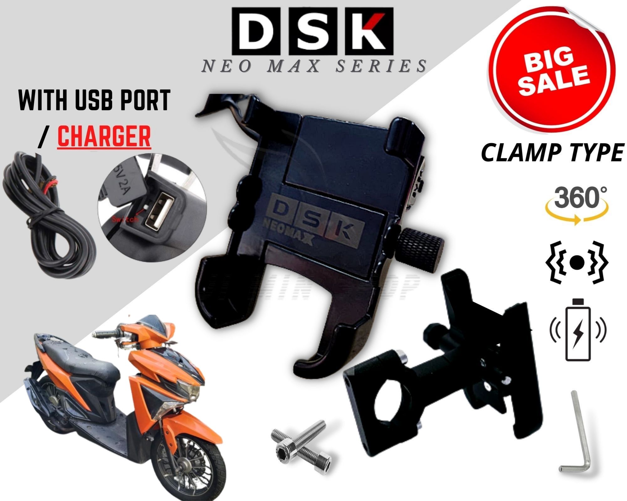 DSK Neomax Series Cellphone Holder Clamp Type W/ Charger ( Cp Holder ...