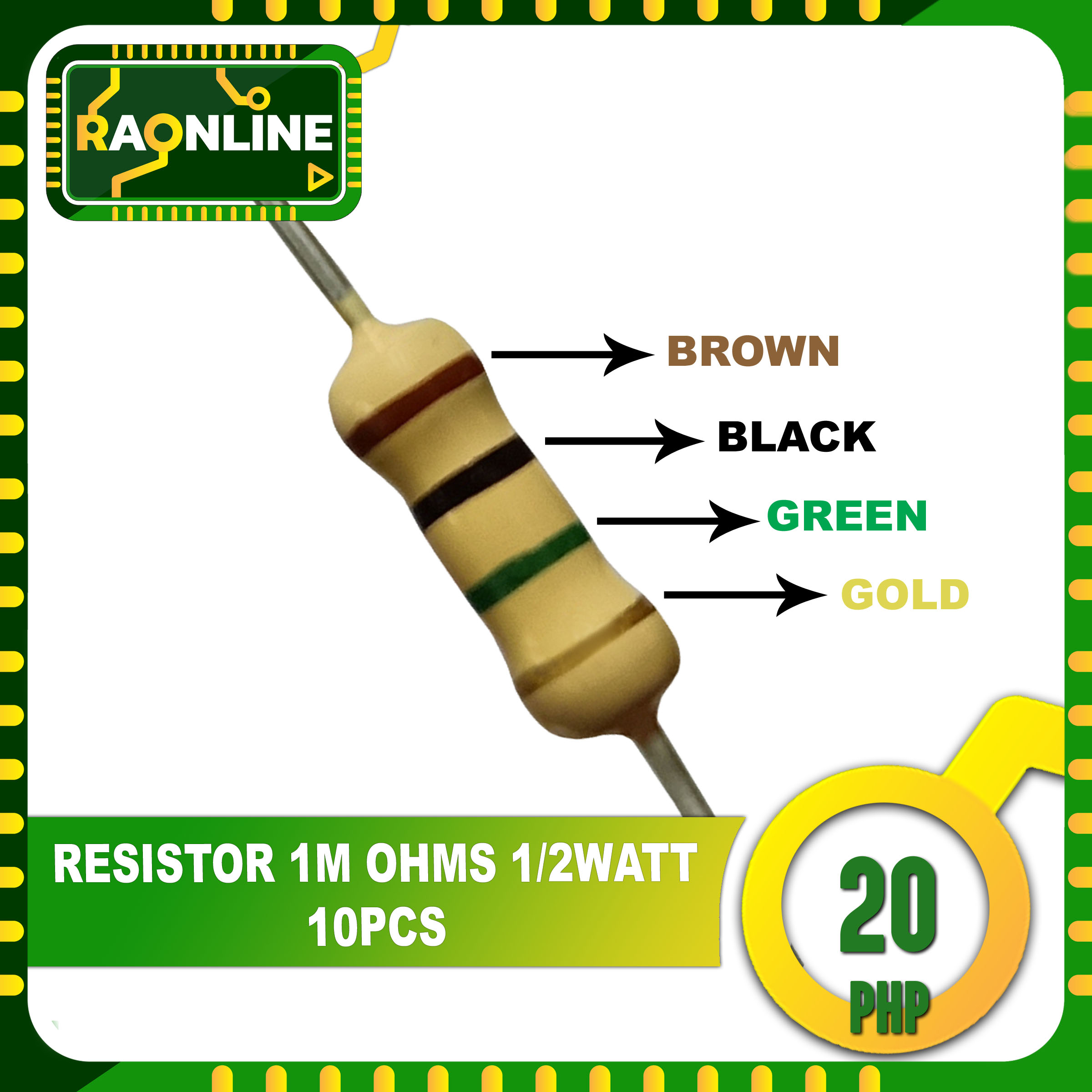 Raonline 10pcs Resistor 1 M Ohms 1/2 W Carbon Film | Lazada PH