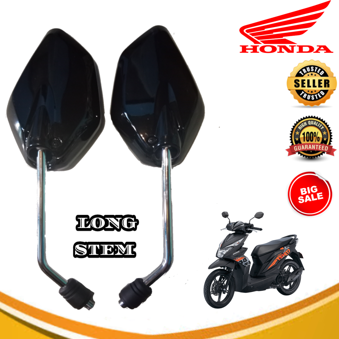 HONDA Dio -Side Mirror Black GLOSSY | SILVER STEM | LONG STEM & SHORT ...