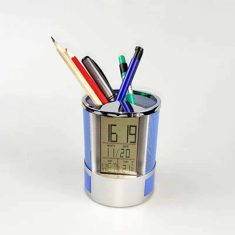Office LCD alarm clock time temperature display pen holder pencil desk ...