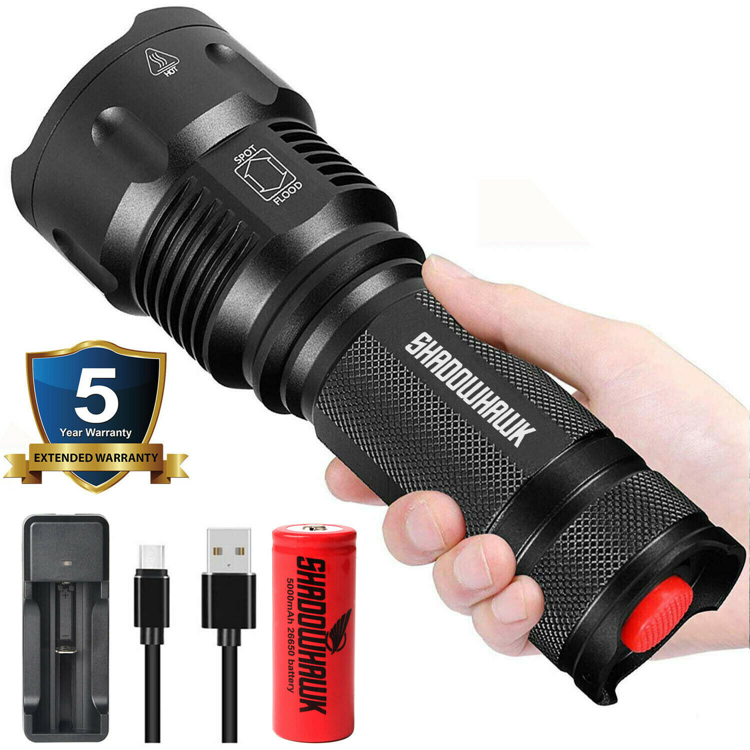 80000lm Super Bright Tactical LED Flashlight USB Rechargeable ...