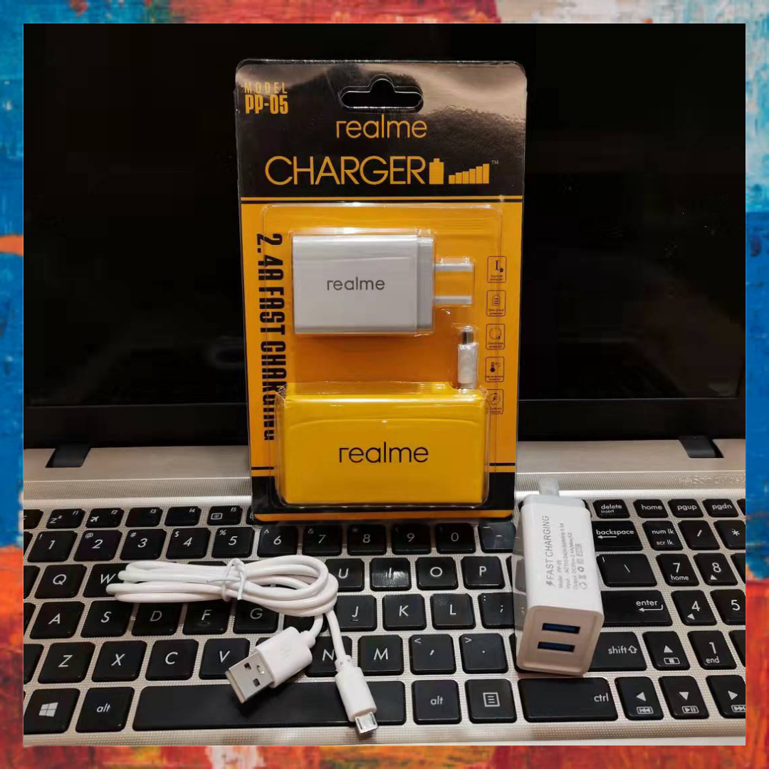 Realme Fast Charger 2.4A Dual USB Port Charger with Data Cable Type-C ...