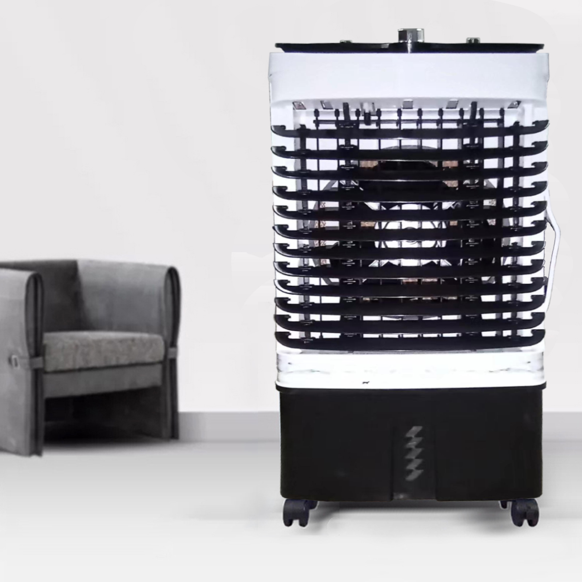 Three dimensional air supply of air cooler releases cool in a large ...