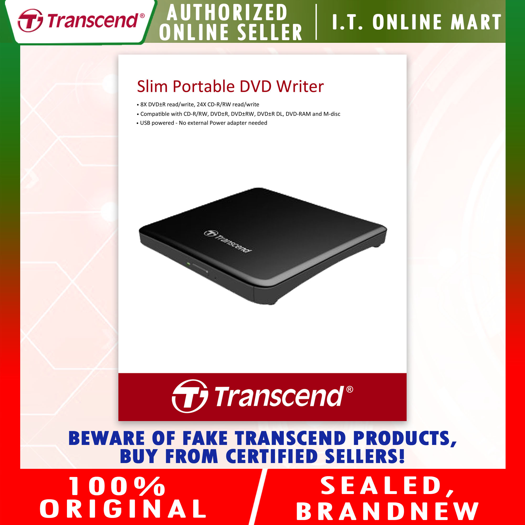Transcend Slim Portable 8X DVD Writer USB (TS8XDVDS-K) Compatible with ...