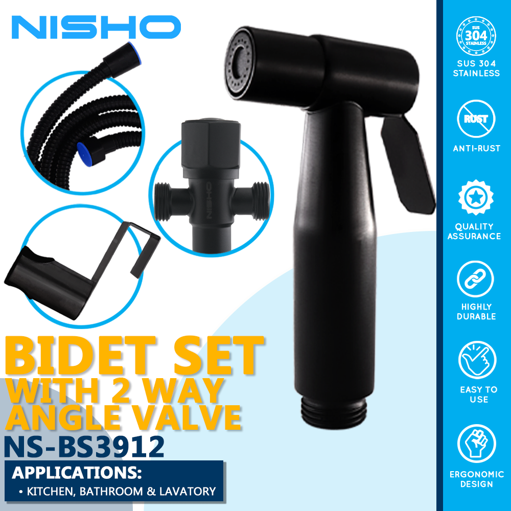 Nisho Kuro Series SUS 304 Stainless Handheld Bidet Spray Hook Type with 2-Way Angle Valve ...