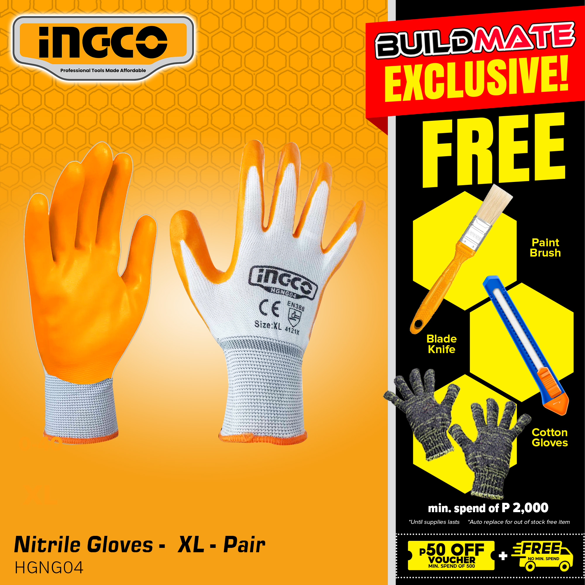 BUILDMATE Ingco Rubber Gloves XL Nitrile Coated Palm Oil-Resistant ...