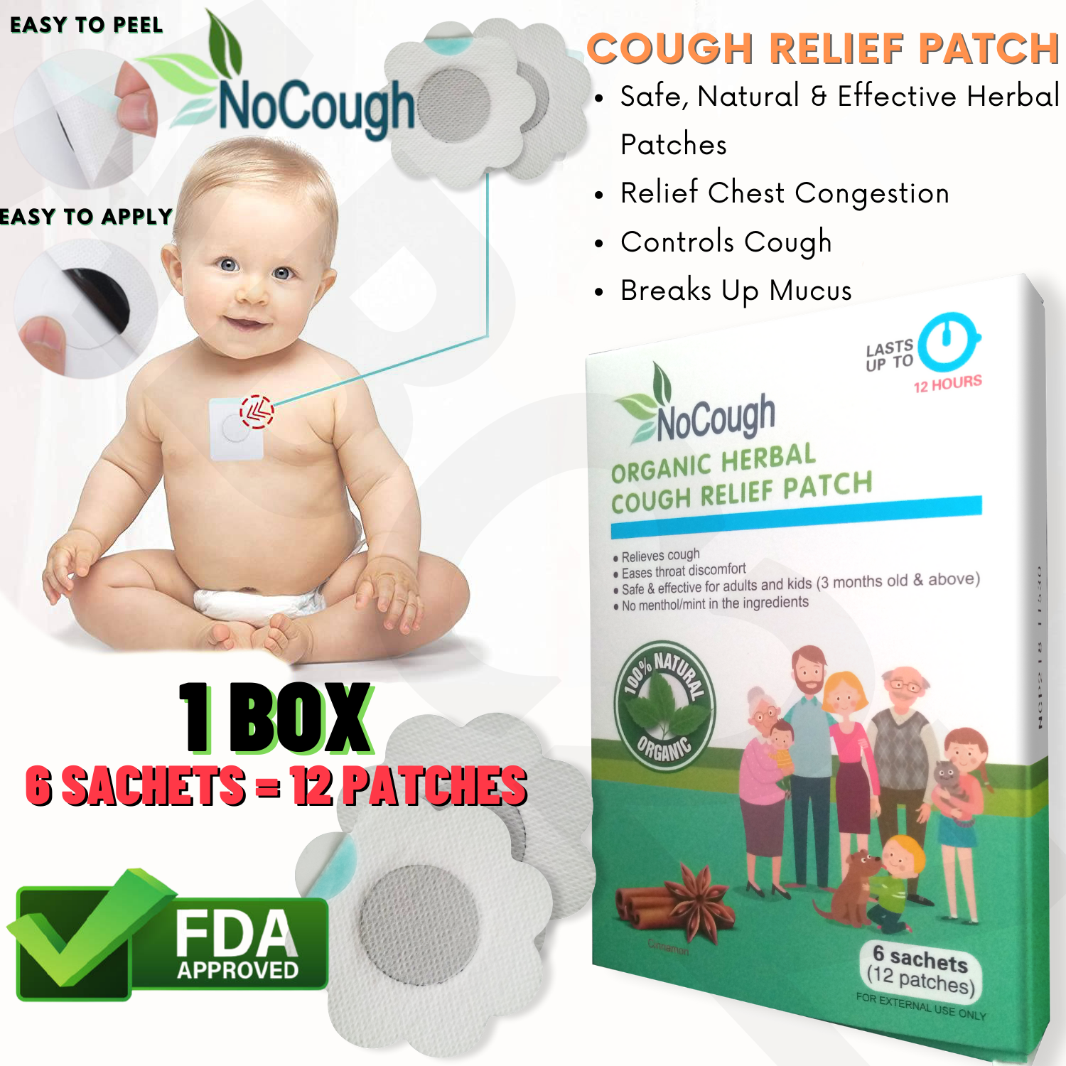 NOCOUGH ORGANIC Herbal Cough Relief Patch (1 BOX) | 12 hours Cough ...