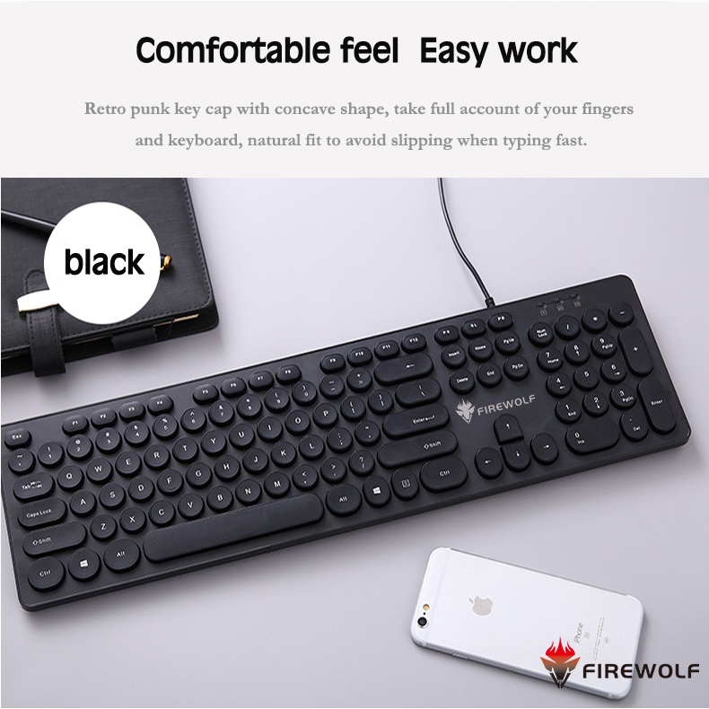 FIREWOLF Retro punk wired keyboard mute button girl cute style FW-K60 ...