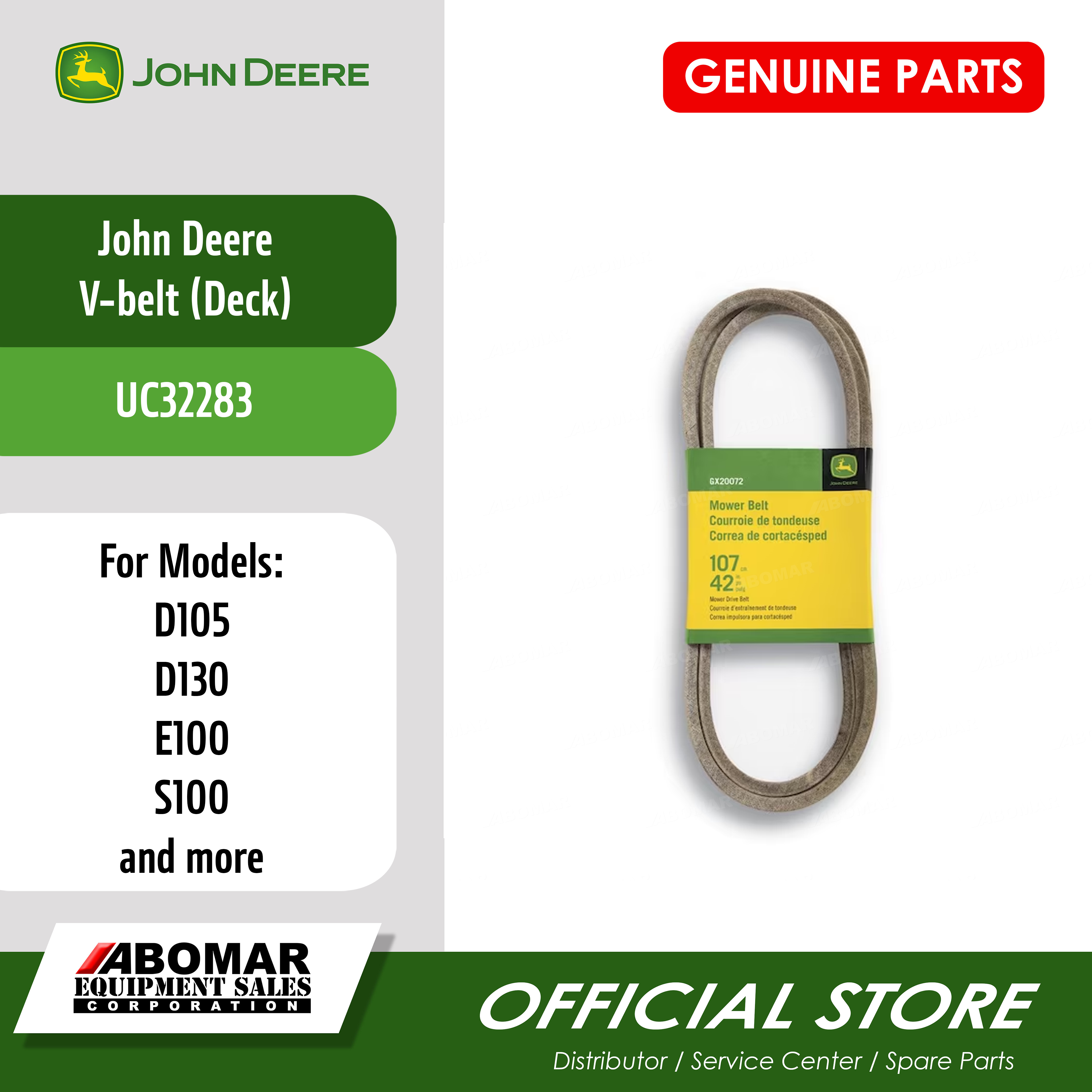 John Deere Flat Belt - UC32283 / GX20072 for models D105, D130, E100 ...