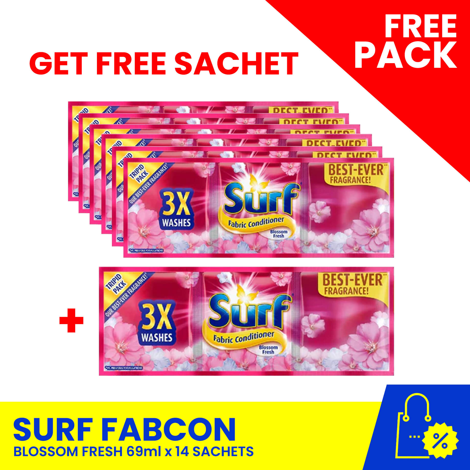SURF Fabric Conditioner Blossom Fresh 69ml Tripid Pack 6+1 sachets ...