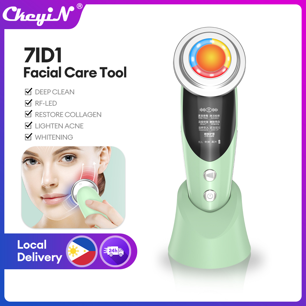 【Local Delivery】CkeyiN 7 In 1 EMS Facial Beauty Massager Warm and LED Light Treatment Skin Care ...