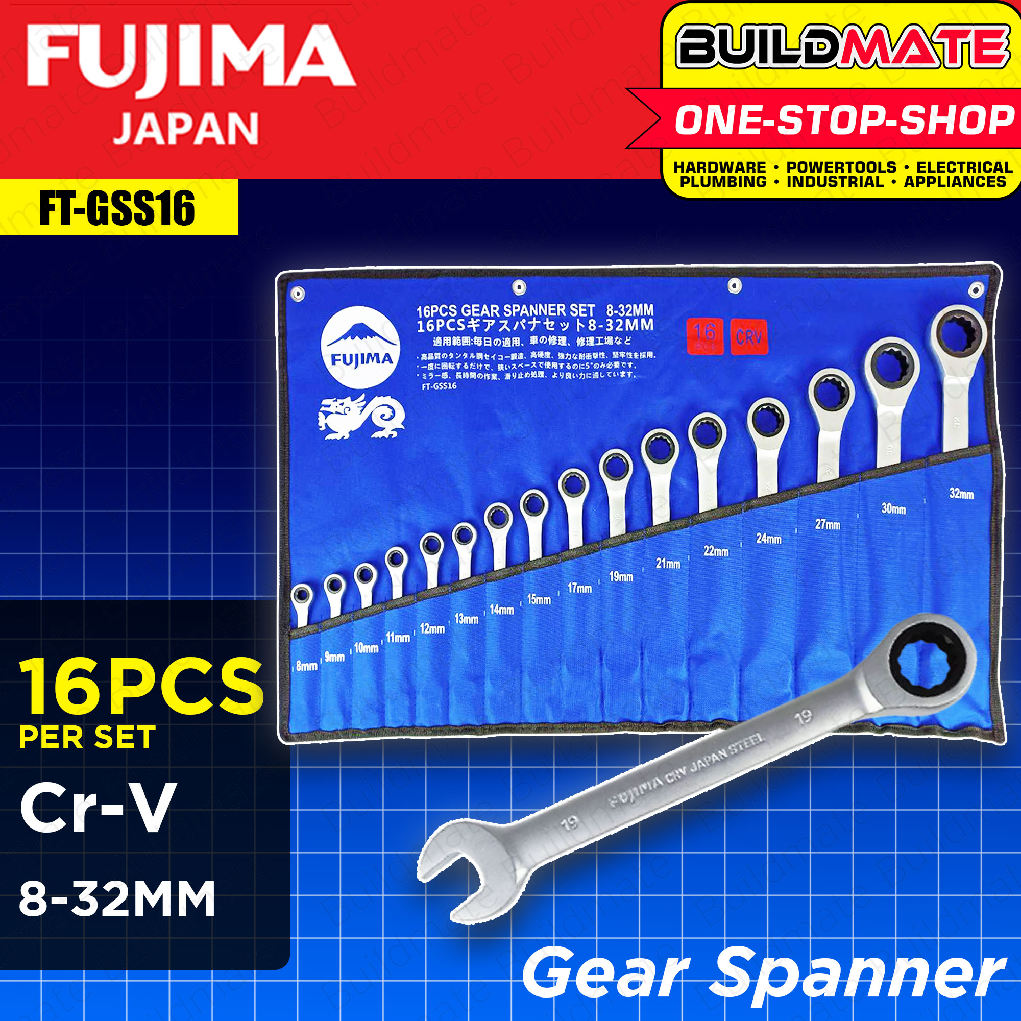 FUJIMA Gear Spanner Ratchet Combination Wrench Set 8-32mm Cr-V 16PCS ...