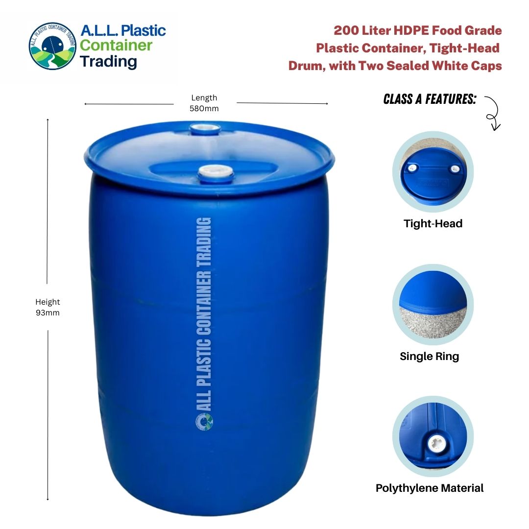 200 Liter HDPE Food Grade Plastic Container, Tight-Head Drum, with Two Sealed White Caps, 55 ...
