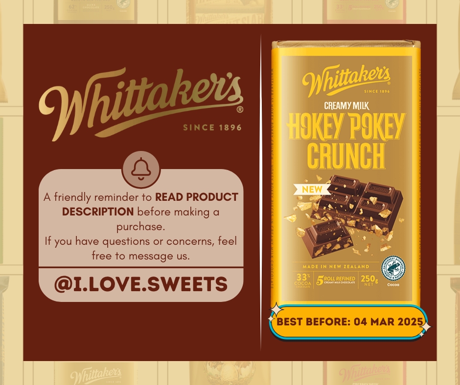 Whittaker's HOKEY POKEY CRUNCH Creamy Milk Classic Chocolate Block 250g ...