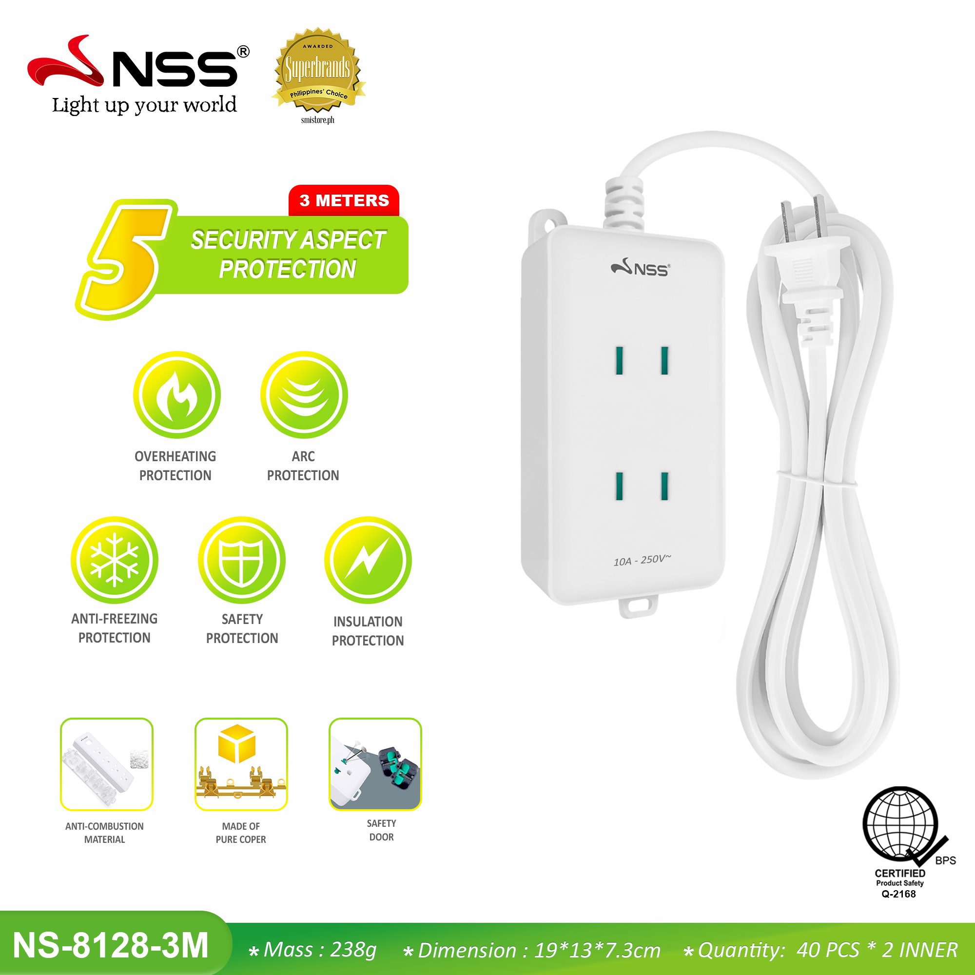 Extension Cord Set with Individual Switch 2 Gang 3 Meter Wire NSS NS ...