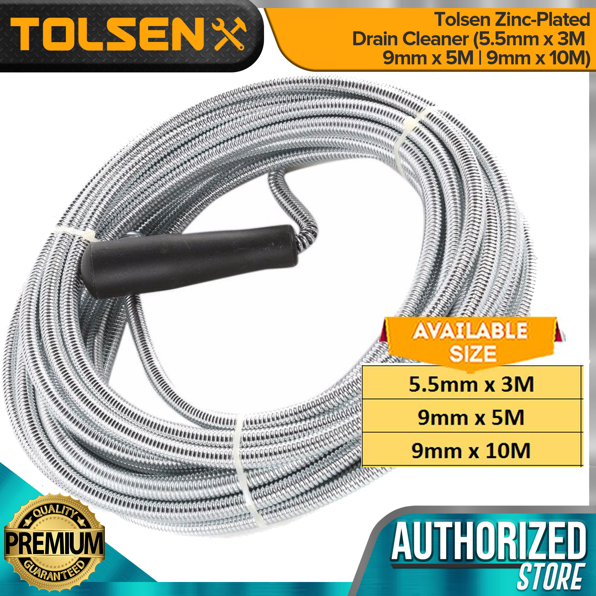 Tolsen Zinc-Plated Drain Cleaner (5.5mm x 3M | 9mm x 5M | 9mm x 10M ...