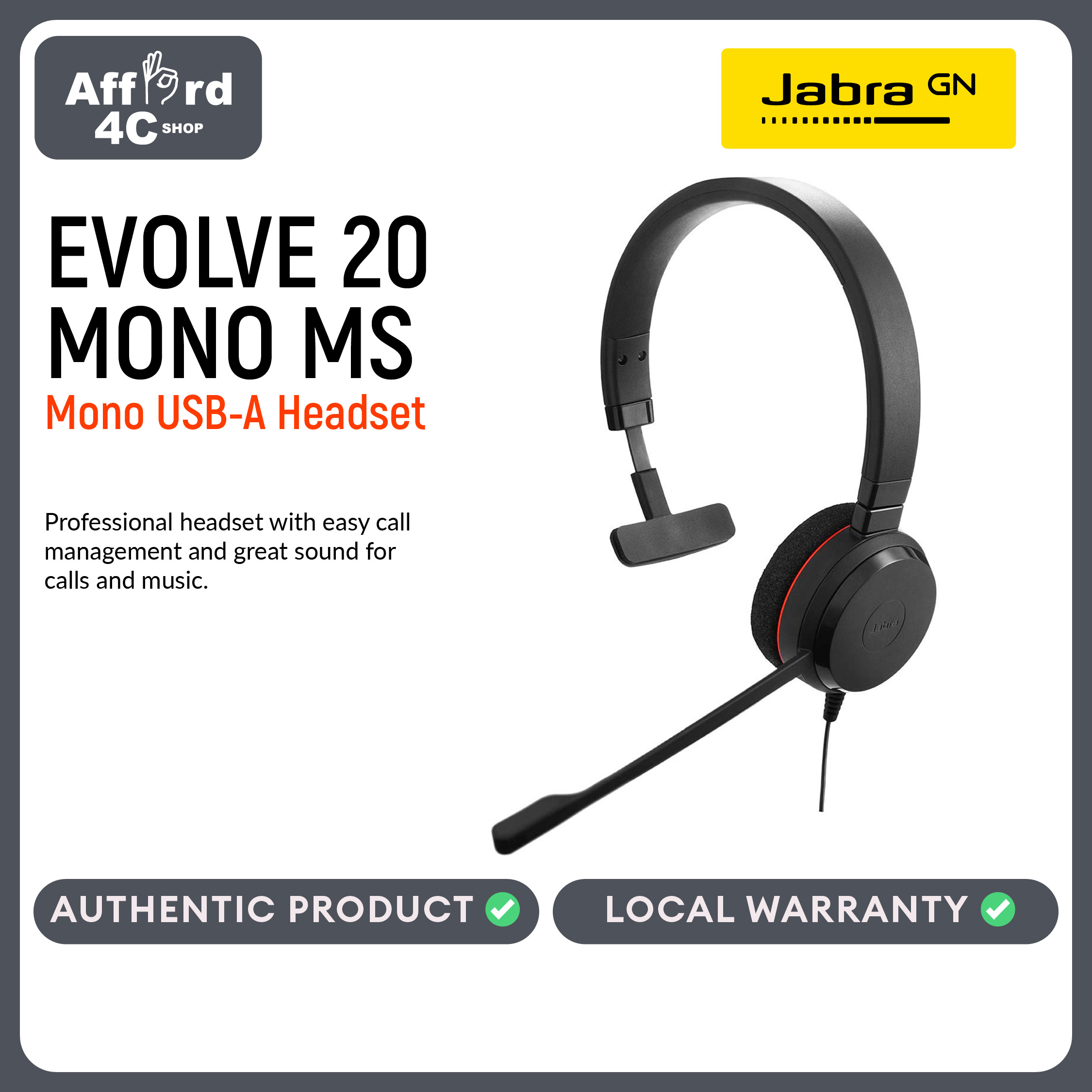 Jabra Evolve 20 MS Mono USB-A Headset | Lazada PH