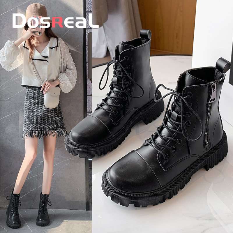 DOSREAL Boots For Women Korean Style Leather Shoes Casual Platform ...