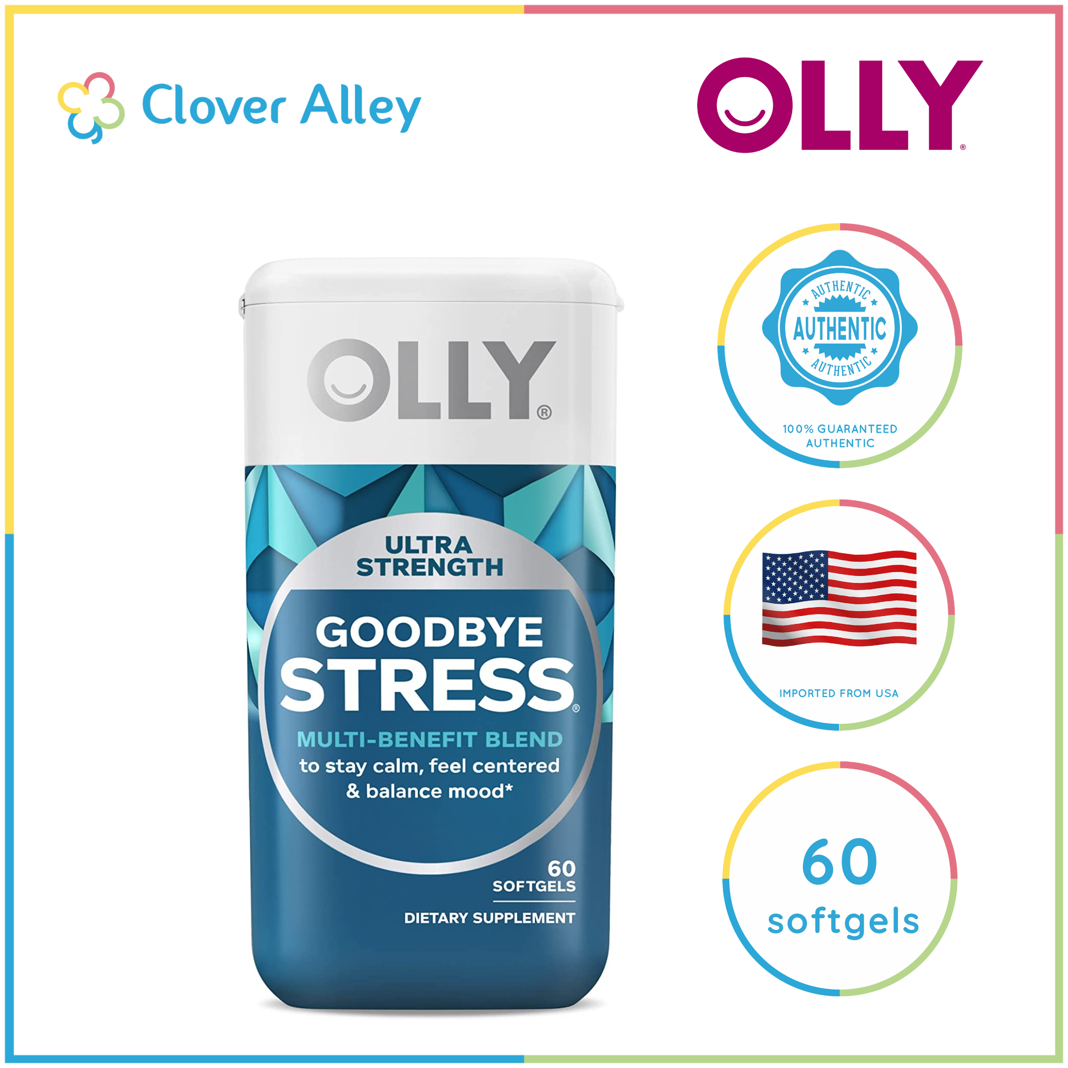 OLLY Ultra Strength Goodbye Stress 60 Softgels, GABA, Ashwagandha,(04/ ...