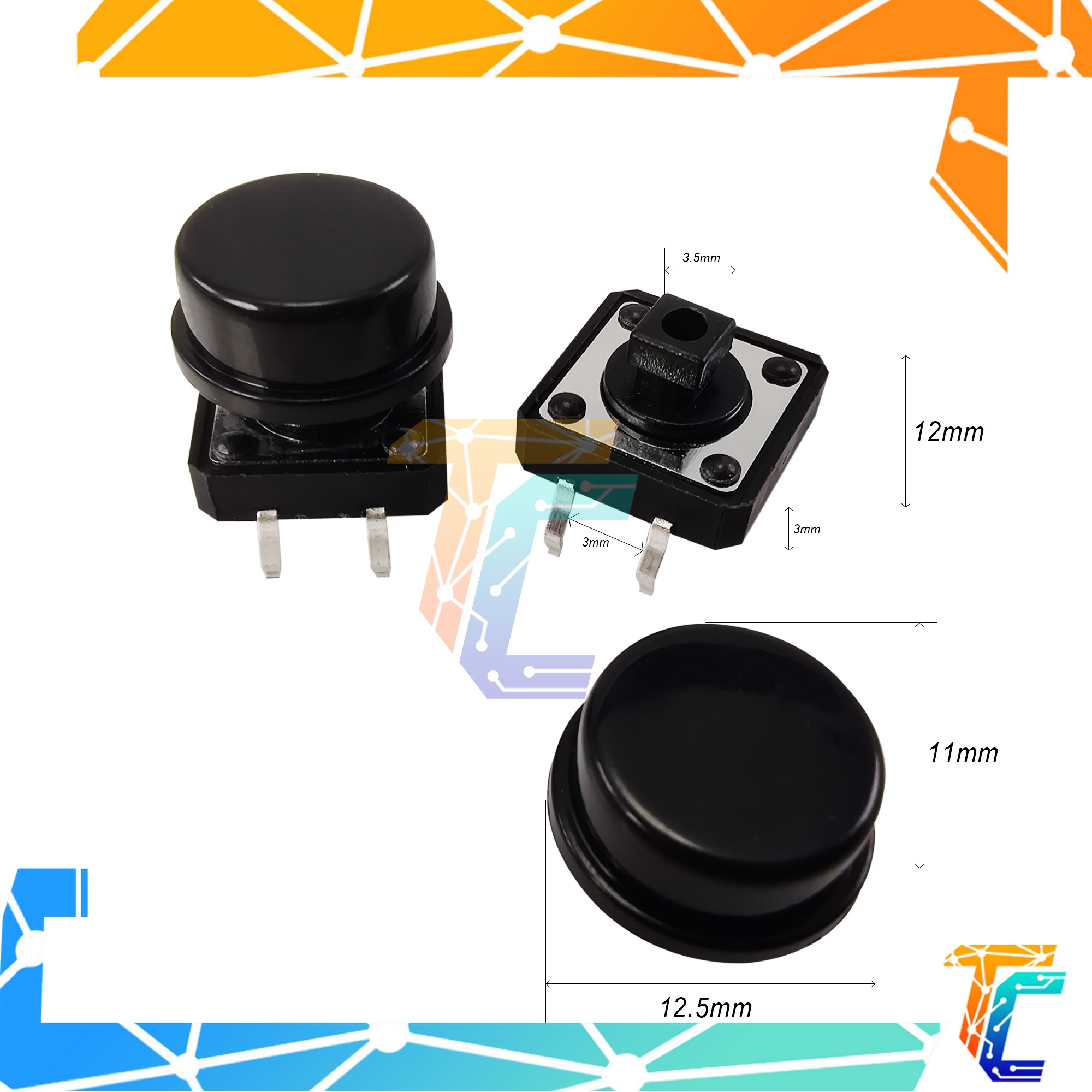 2pcs tact switch big black 12X12mm H=12.3MM With Plastic Round Cap ...