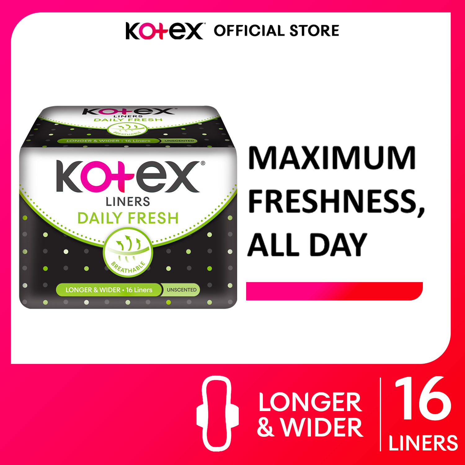 Kotex Daily Fresh Longer & Wider Liners 16s | Lazada PH
