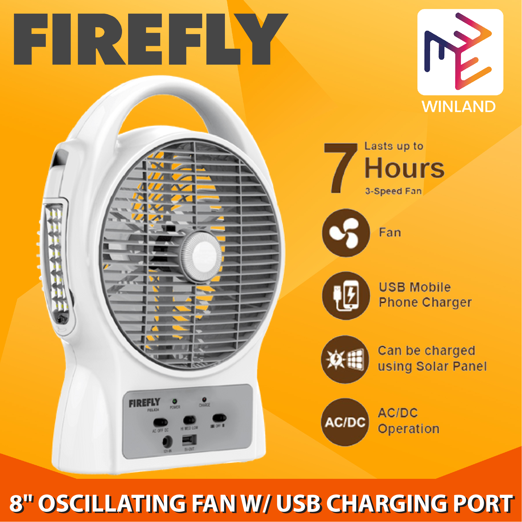 FIREFLY by Winland Rechargeable 8 inch Oscillating 3-Speed Fan w/ USB ...