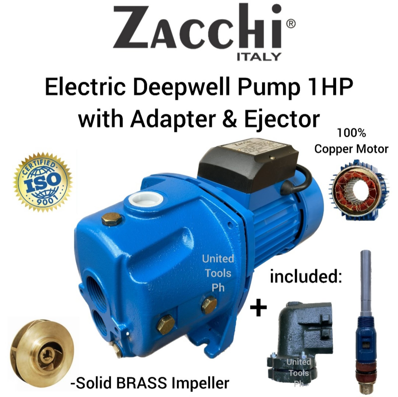 ZACCHI Electric DEEPWELL Pump 1HP Pure Copper Motor with Adapter and ...